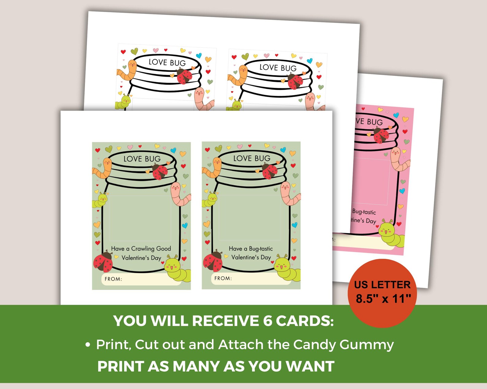 Printable Love Bug Valentine Cards With Mason Jar Design, Gummy Worm ...