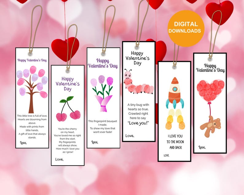 Valentines Day Fingerprint Bookmark Printable, Thumbprints Art Keepsake ...