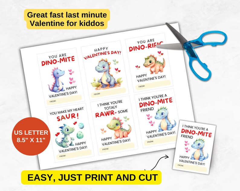 Dinosaur Valentines Cards, Printable Kids Classroom Valentine Cards ...