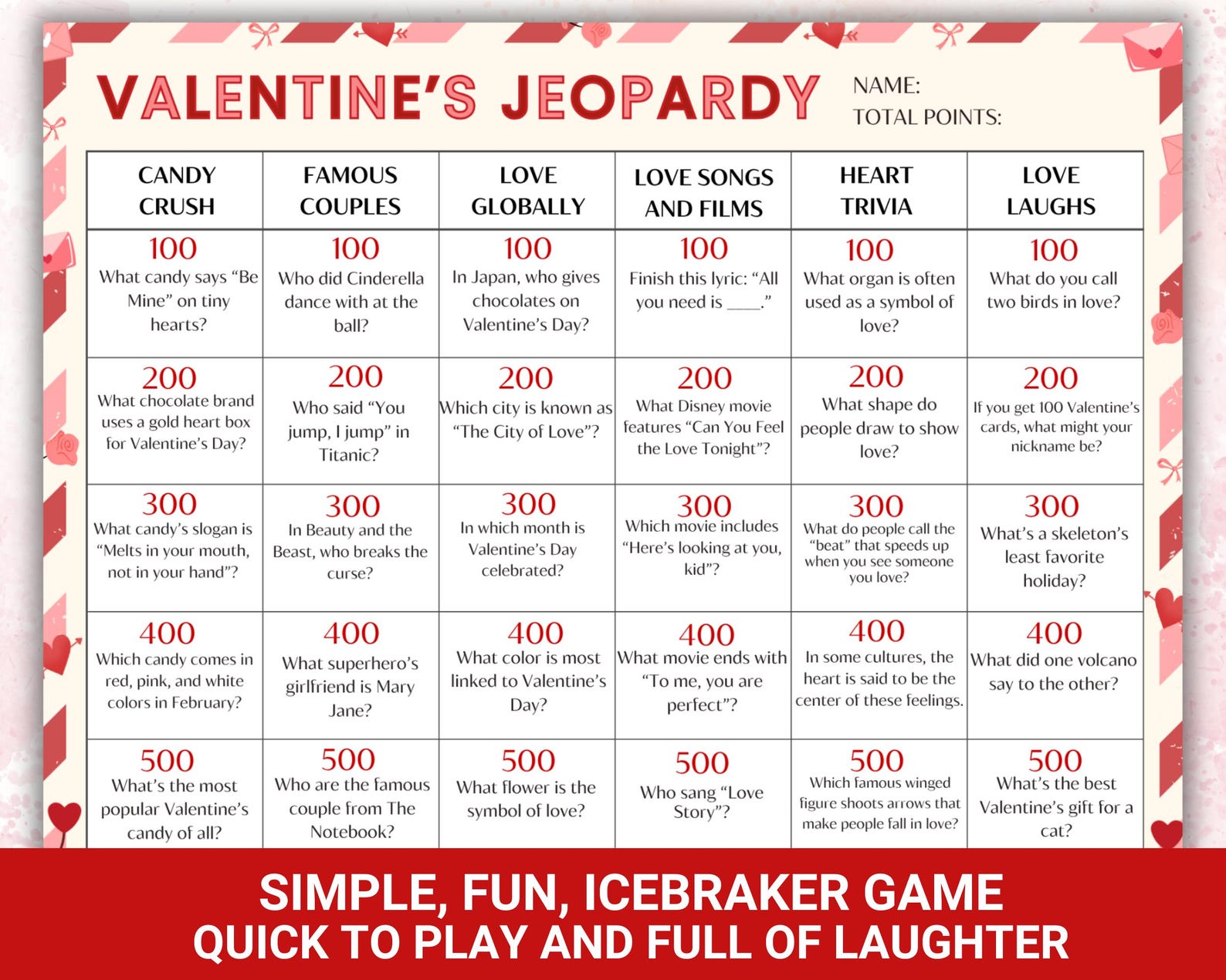 Valentines Jeopardy Game Printable Galentine Trivia, Fun Game for Kids ...