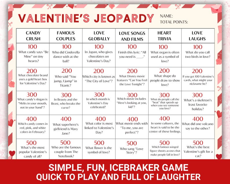 Valentines Jeopardy Game Printable Galentine Trivia, Fun Game for Kids ...