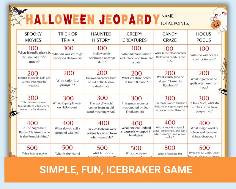 Halloween Jeopardy Game, Printable Halloween Trivia, Halloween Office ...