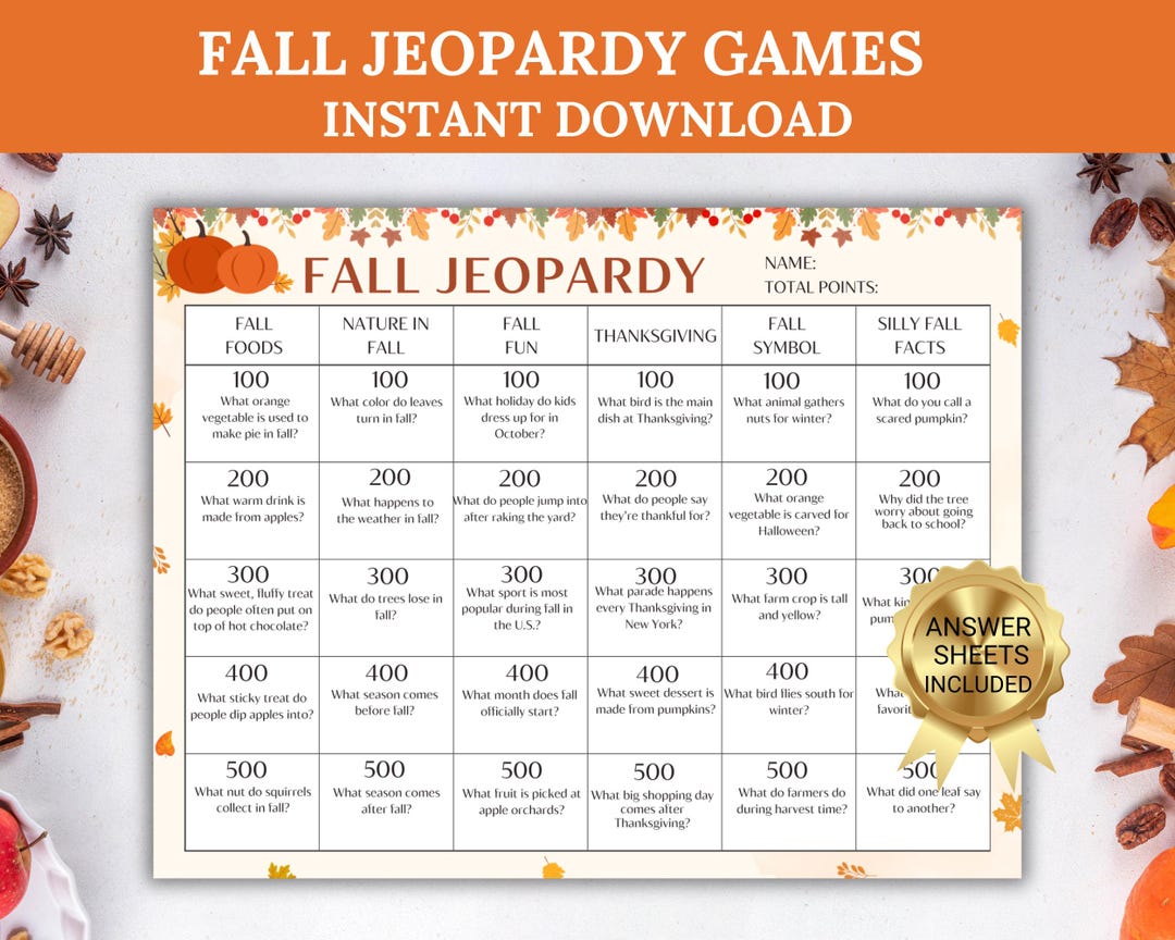 Fall Jeopardy Games Printable, Fun Autumn and Thanksgiving Trivia Games ...
