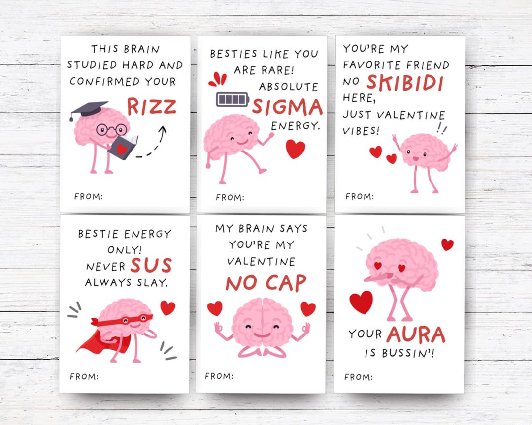 Funny Gen Alpha Brain Valentine Cards Printable Teen Kids Slang Skibidi ...