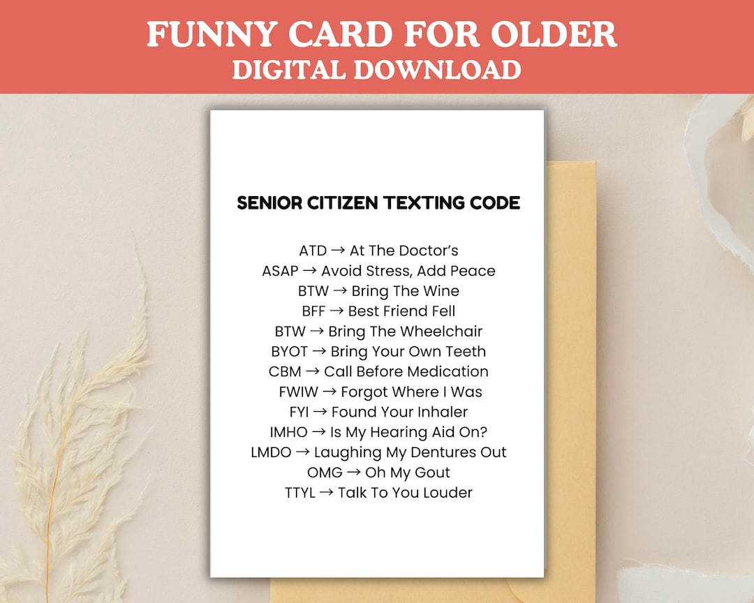 Funny Senior Citizen Texting Code Card Printable, Funny Gag Gift for ...