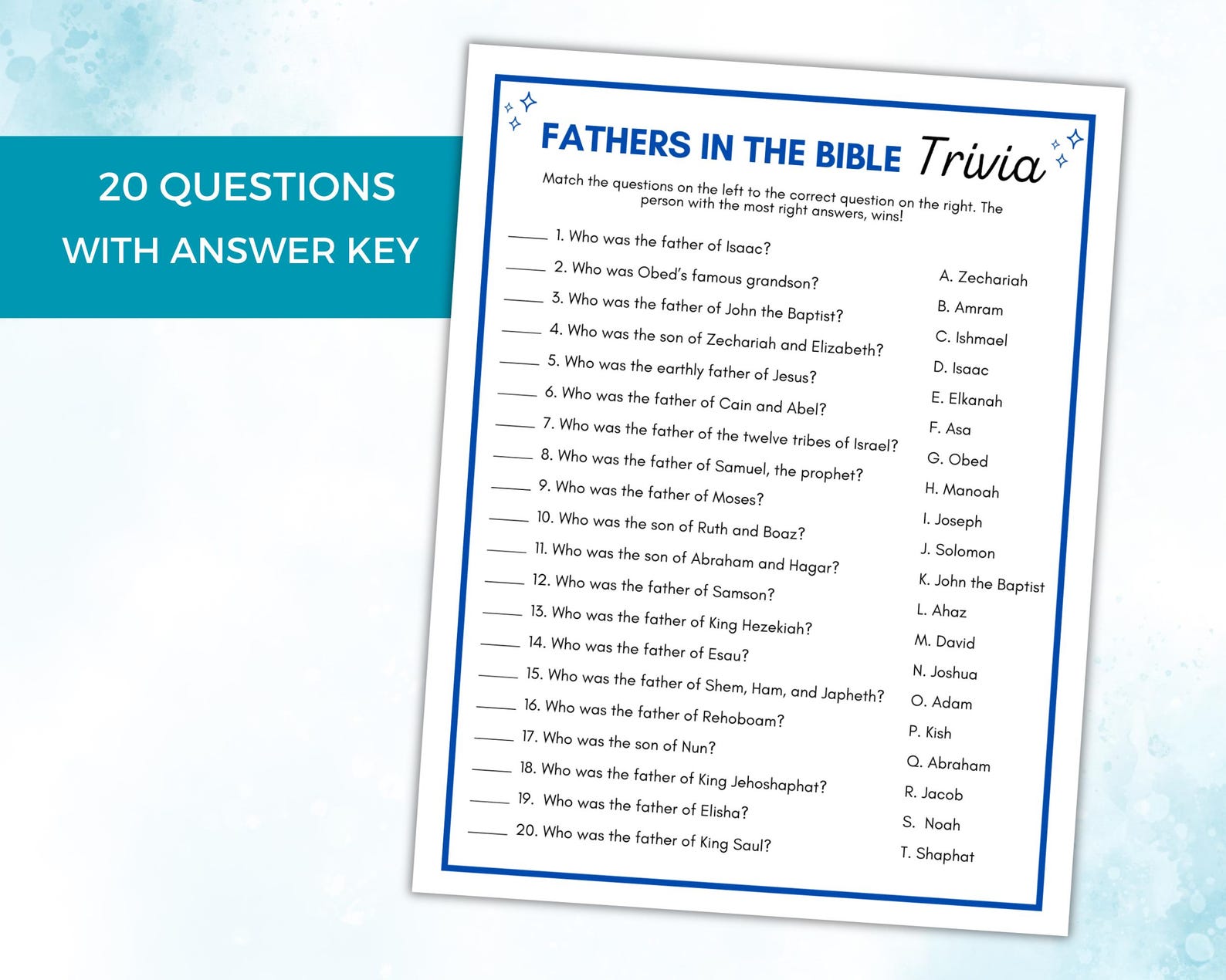 Fathers in the Bible Trivia Printable, Father's Day Bible Game ...