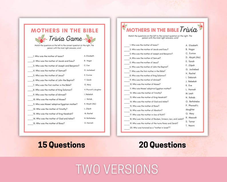 Mothers in the Bible Trivia Printable, Mothers Day Bible Game ...