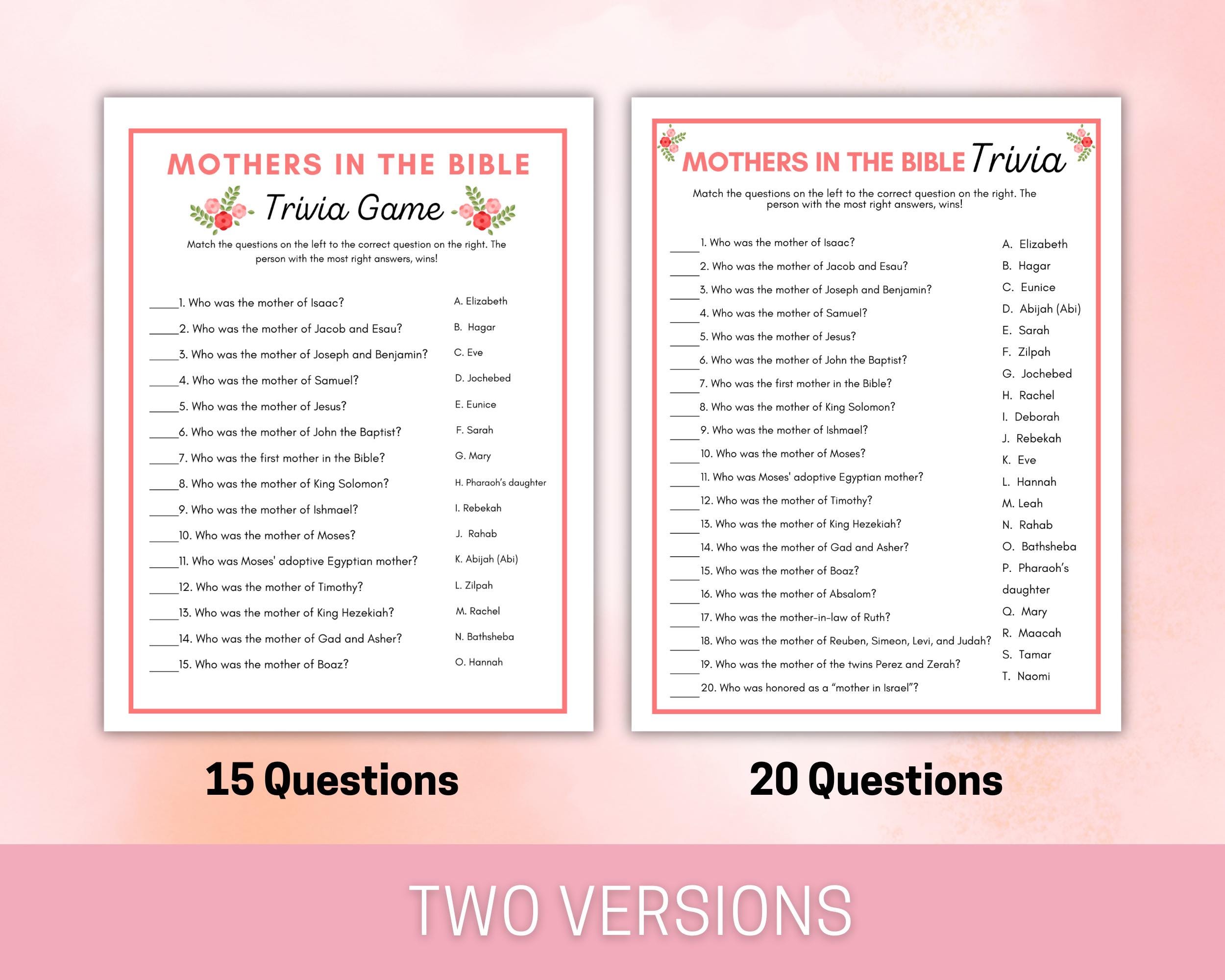 Mothers in the Bible Trivia Printable, Mothers Day Bible Game ...