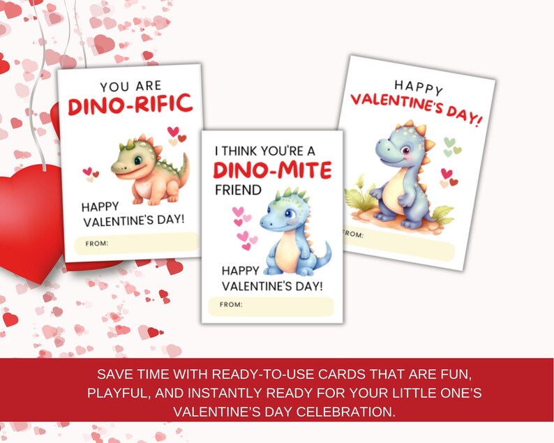 Dinosaur Valentines Cards, Printable Kids Classroom Valentine Cards ...