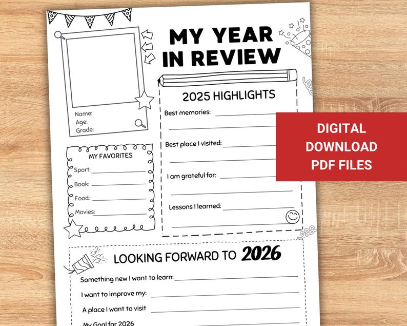 Kids My Year in Review Printable, End of Year Reflections, 2026 Holiday ...