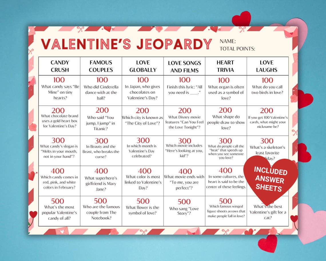 Valentines Jeopardy Game Printable Galentine Trivia, Fun Game for Kids ...