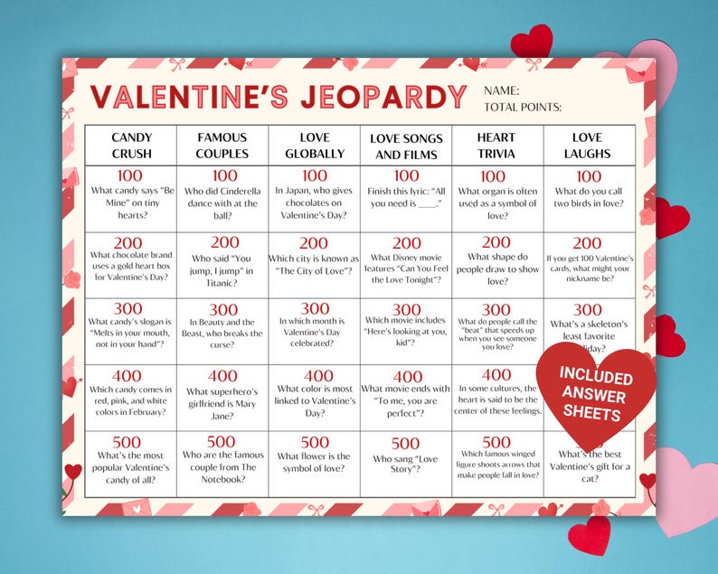 Valentines Jeopardy Game Printable Galentine Trivia, Fun Game for Kids ...