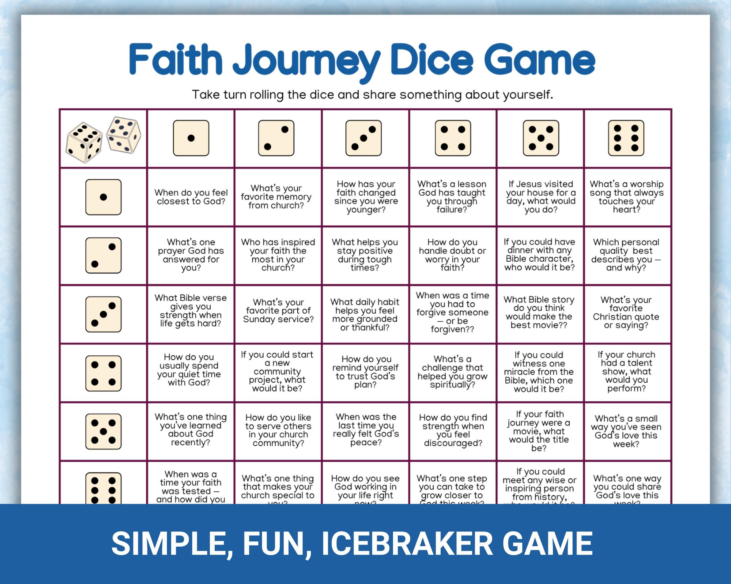 Faith Journey Christian Icebreaker Dice Game, Printable Church Game Get ...