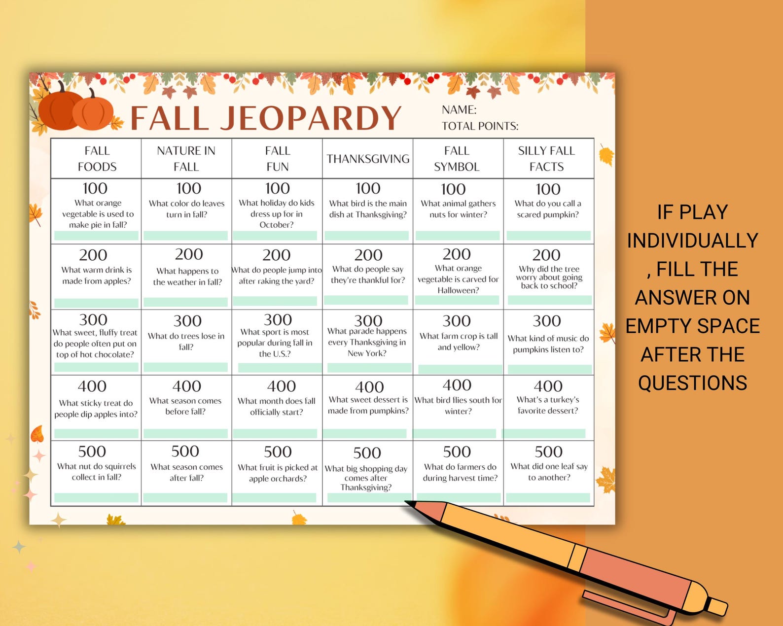 Fall Jeopardy Games Printable, Fun Autumn and Thanksgiving Trivia Games ...