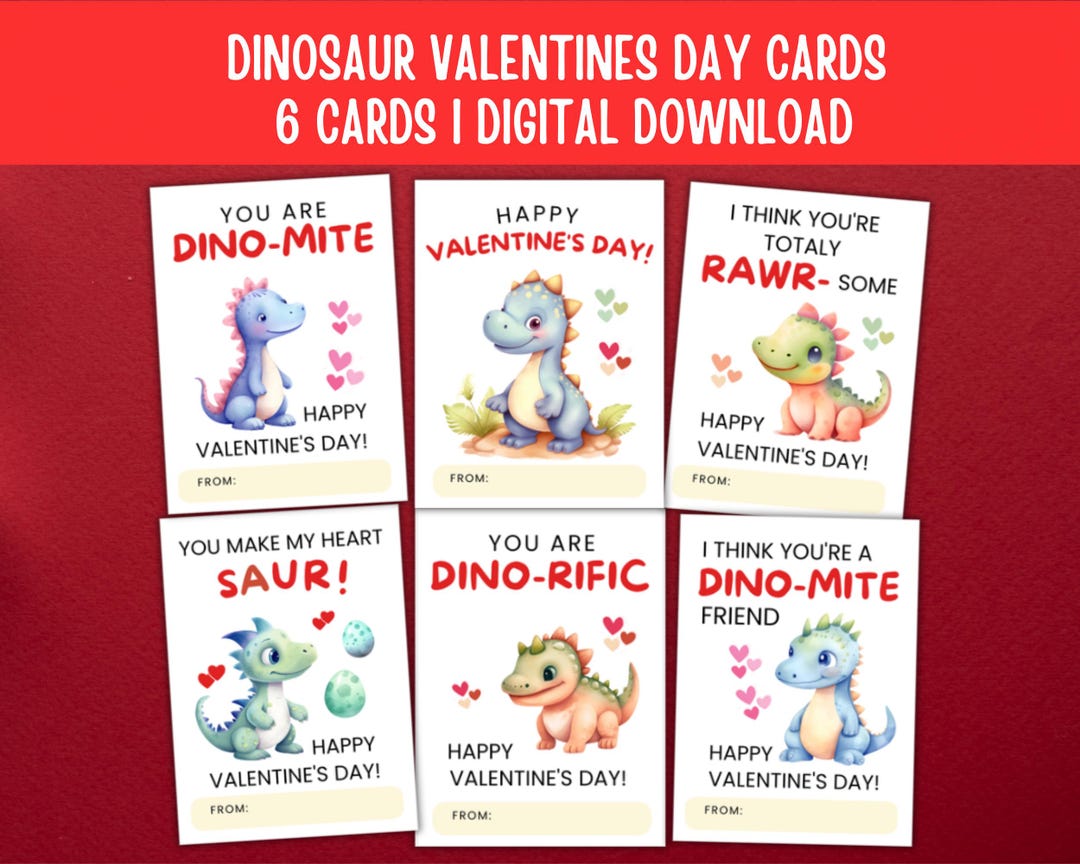 Dinosaur Valentines Cards, Printable Kids Classroom Valentine Cards ...