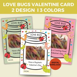 Printable Love Bug Valentine Cards With Mason Jar Design, Gummy Worm ...