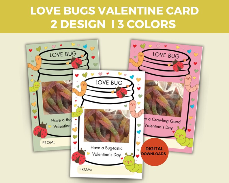 Printable Love Bug Valentine Cards With Mason Jar Design, Gummy Worm ...