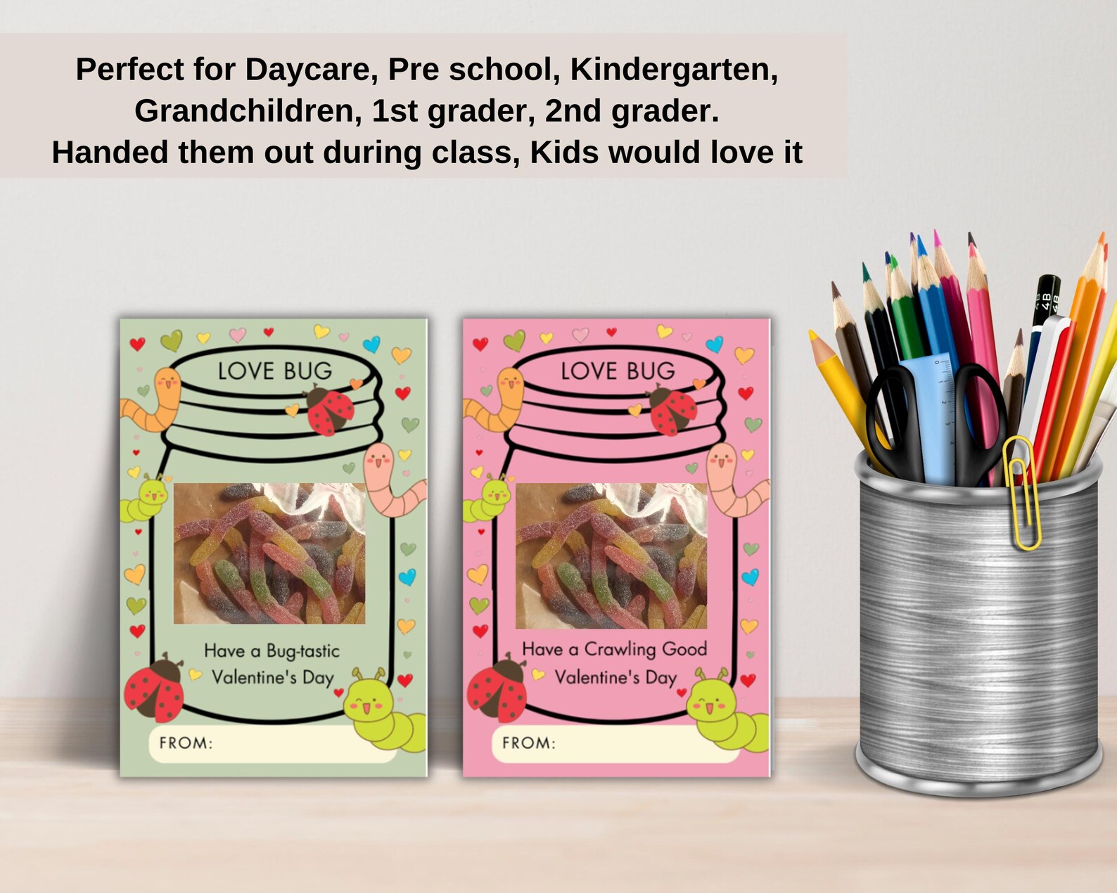 Printable Love Bug Valentine Cards With Mason Jar Design, Gummy Worm ...