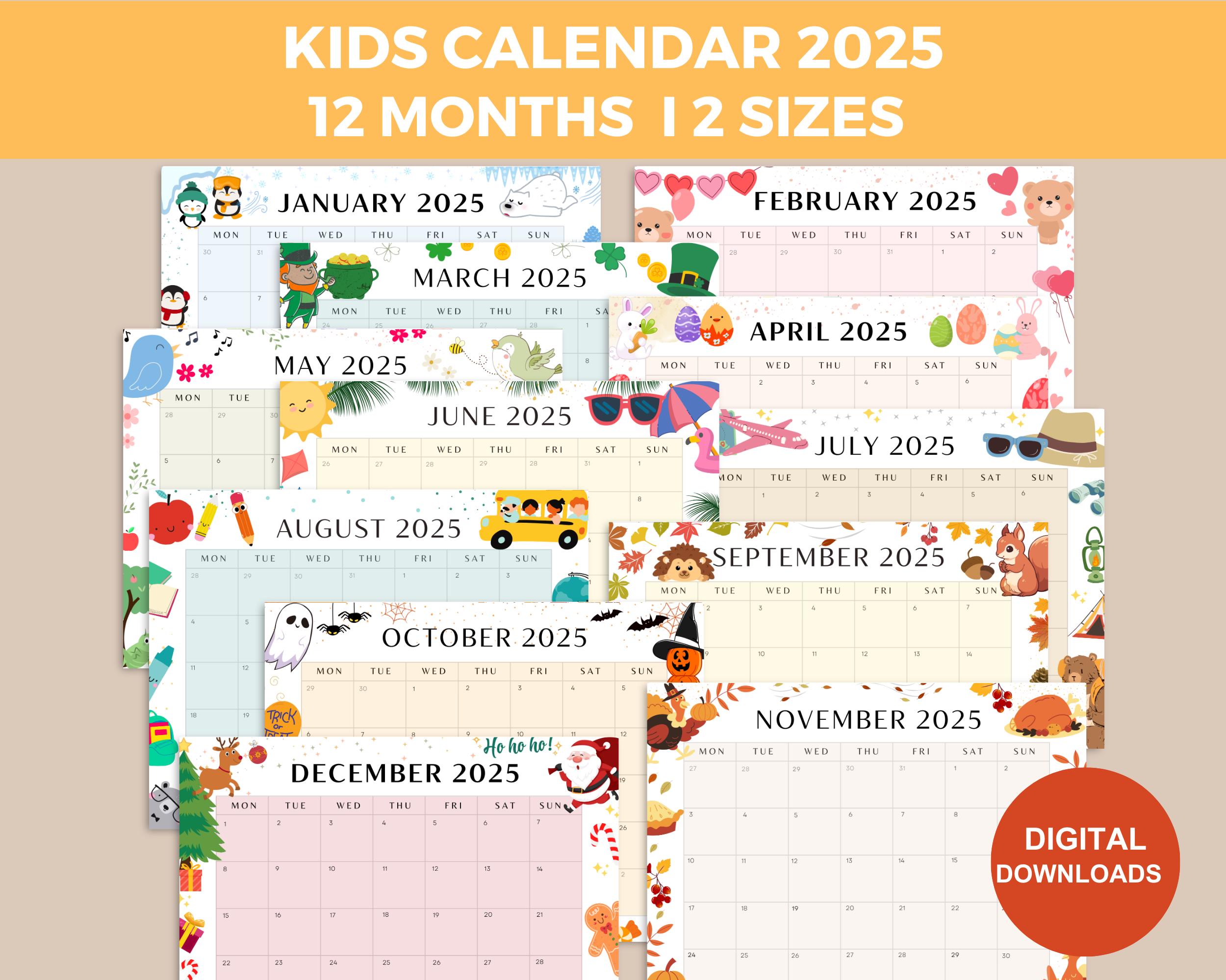 Printable Kids Calendar 2025, Family Calendar, Cartoon Kids Wall ...