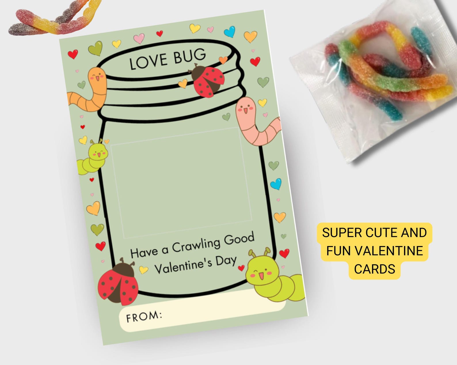 Printable Love Bug Valentine Cards With Mason Jar Design, Gummy Worm ...