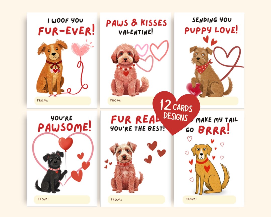 Dogs Valentine's Day Cards Printable Puppy Valentines for Kids, Paw ...