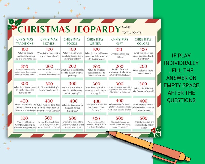 Christmas Jeopardy Game, Printable Holiday Trivia, Christmas Office ...
