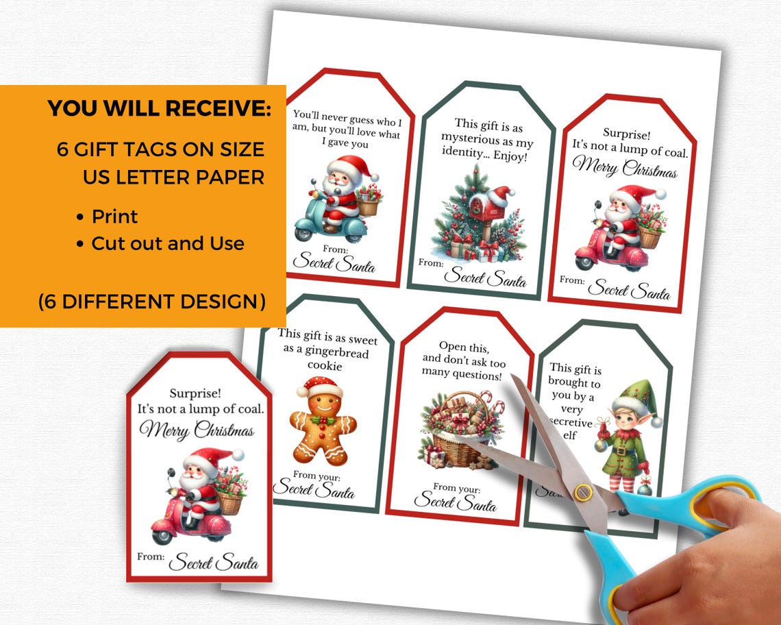 Secret Santa Gift Tags, Printable Christmas Gift Exchange Office Party ...