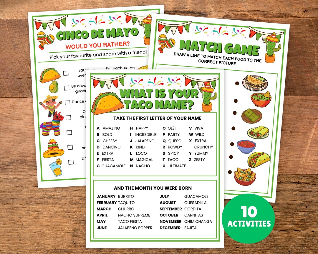 Cinco De Mayo Games Bundle Printable, Taco Name Game, Would You Rather ...