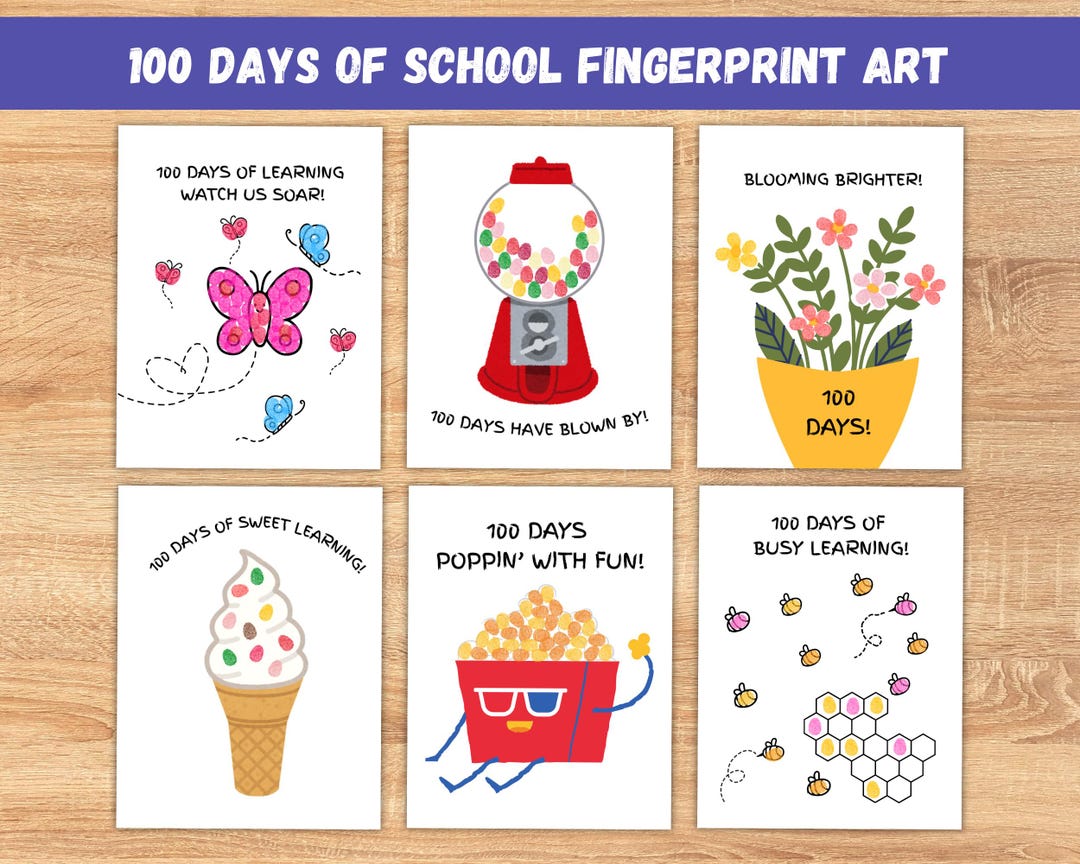 Printable 100 Days of School Fingerprint Art Craft Keepsake, 100th Days ...