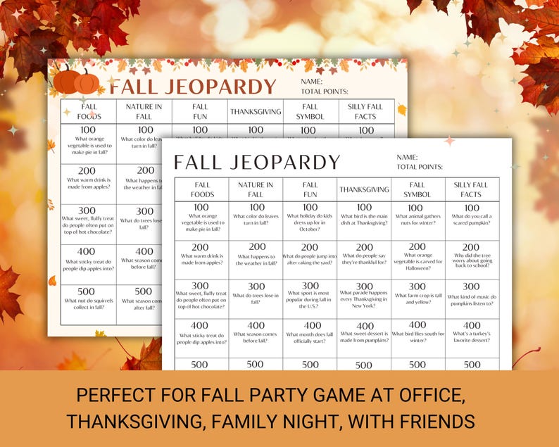 Fall Jeopardy Games Printable, Fun Autumn and Thanksgiving Trivia Games ...