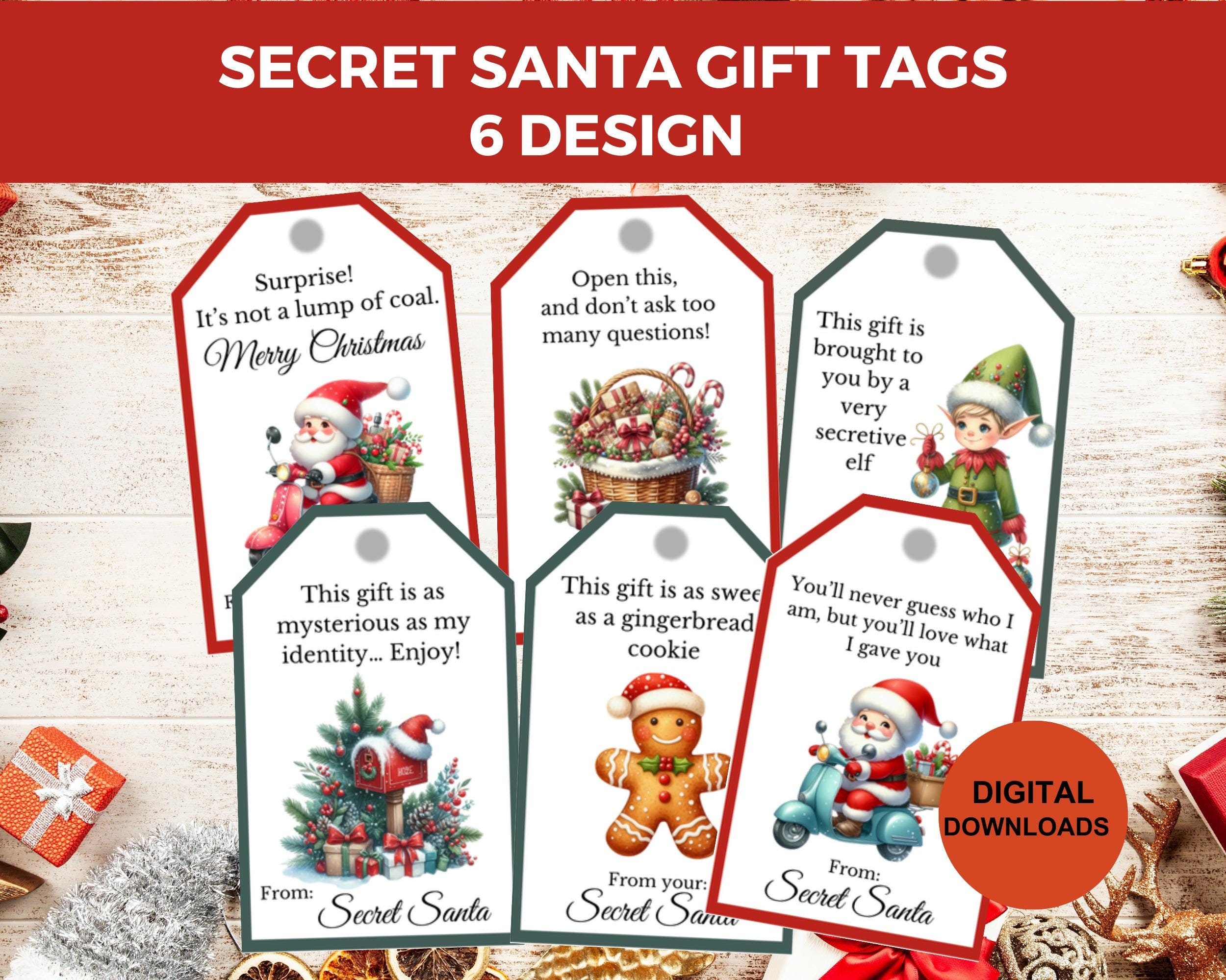 Secret Santa Gift Tags, Printable Christmas Gift Exchange Office Party ...