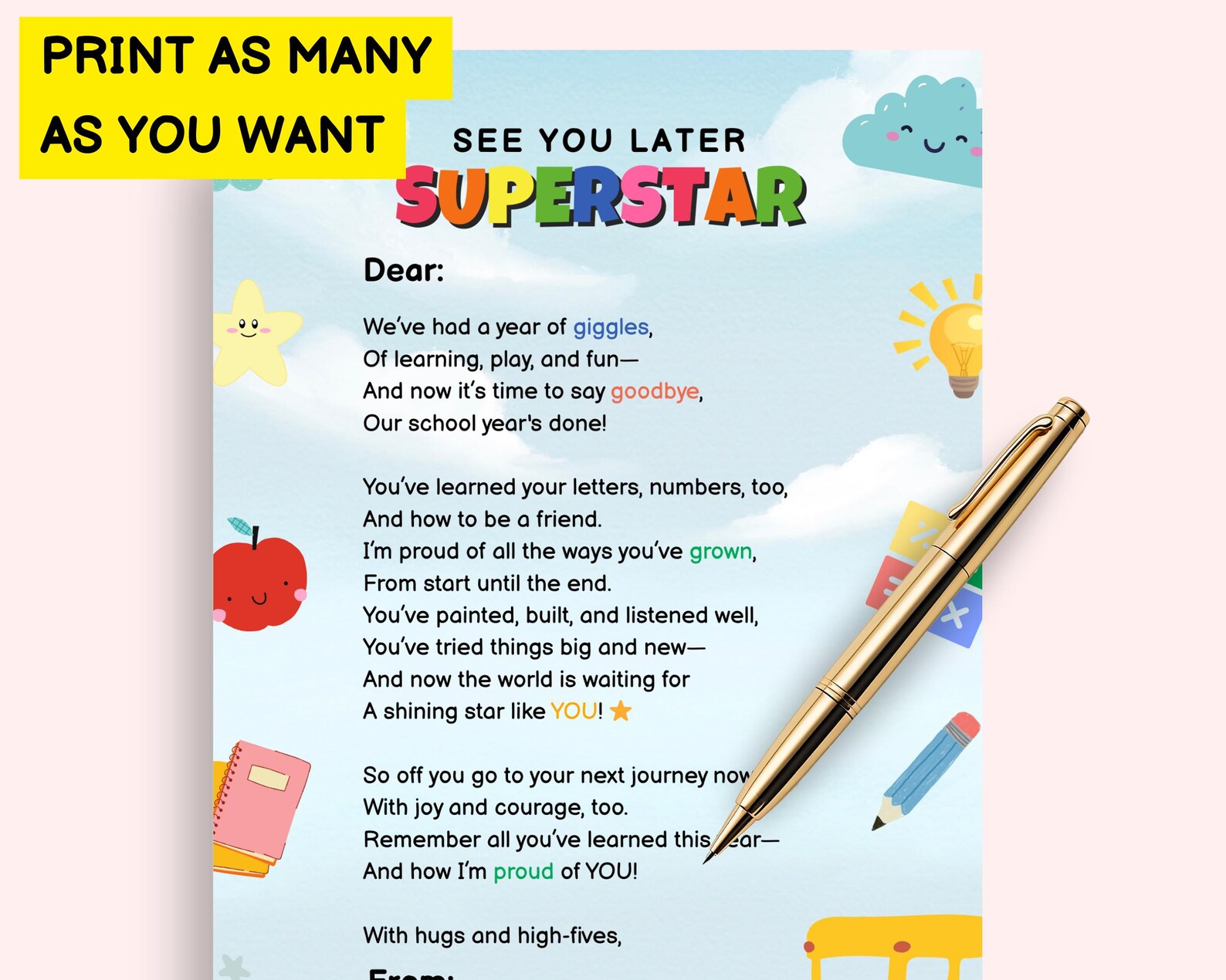 Printable Student Goodbye Letter From Teachers for End of Year Class ...