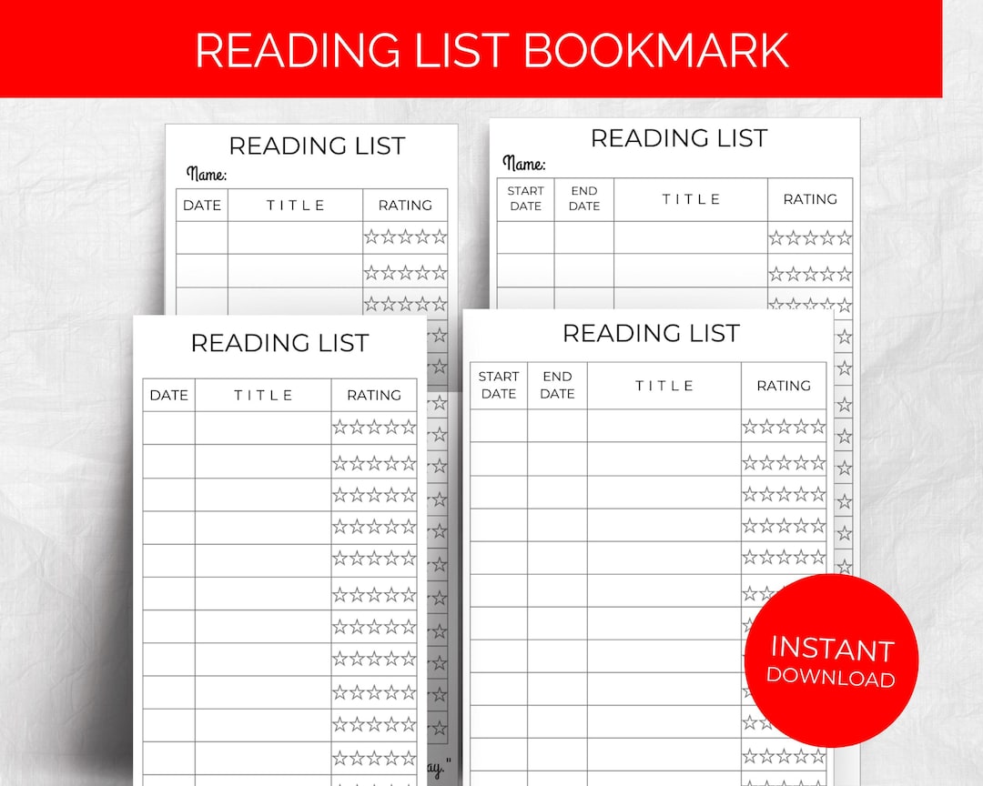 Reading List Bookmark Printable, Book Reading Card, Reading Tracker ...