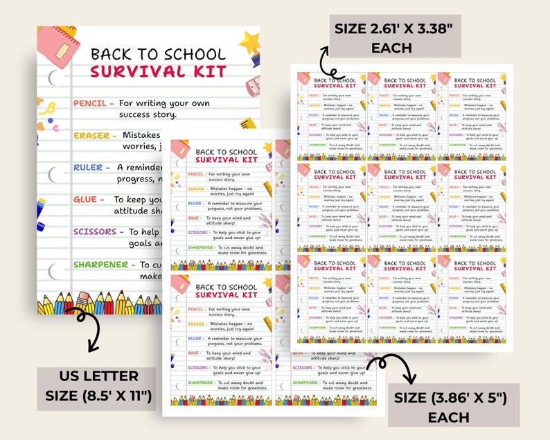 Back to School Survival Kits Stationary, Printable First Day of School ...