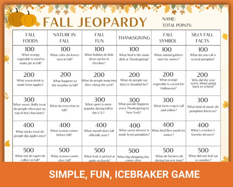 Fall Jeopardy Games Printable, Fun Autumn and Thanksgiving Trivia Games ...