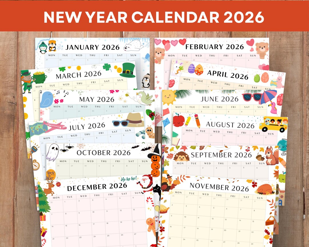 Printable New Year Calendars 2026, Kids 12 Months Calendars Sets ...