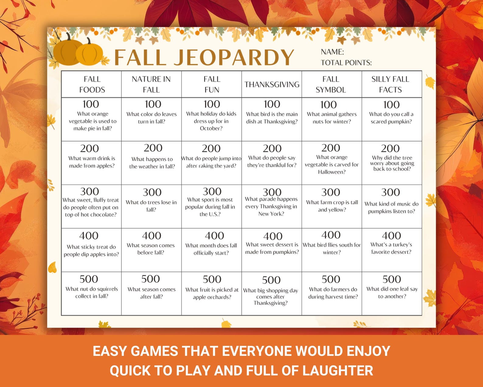 Fall Jeopardy Games Printable, Fun Autumn and Thanksgiving Trivia Games ...