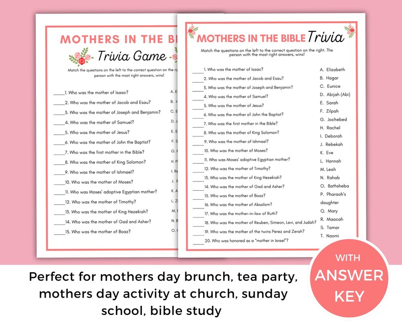 Mothers in the Bible Trivia Printable, Mothers Day Bible Game ...