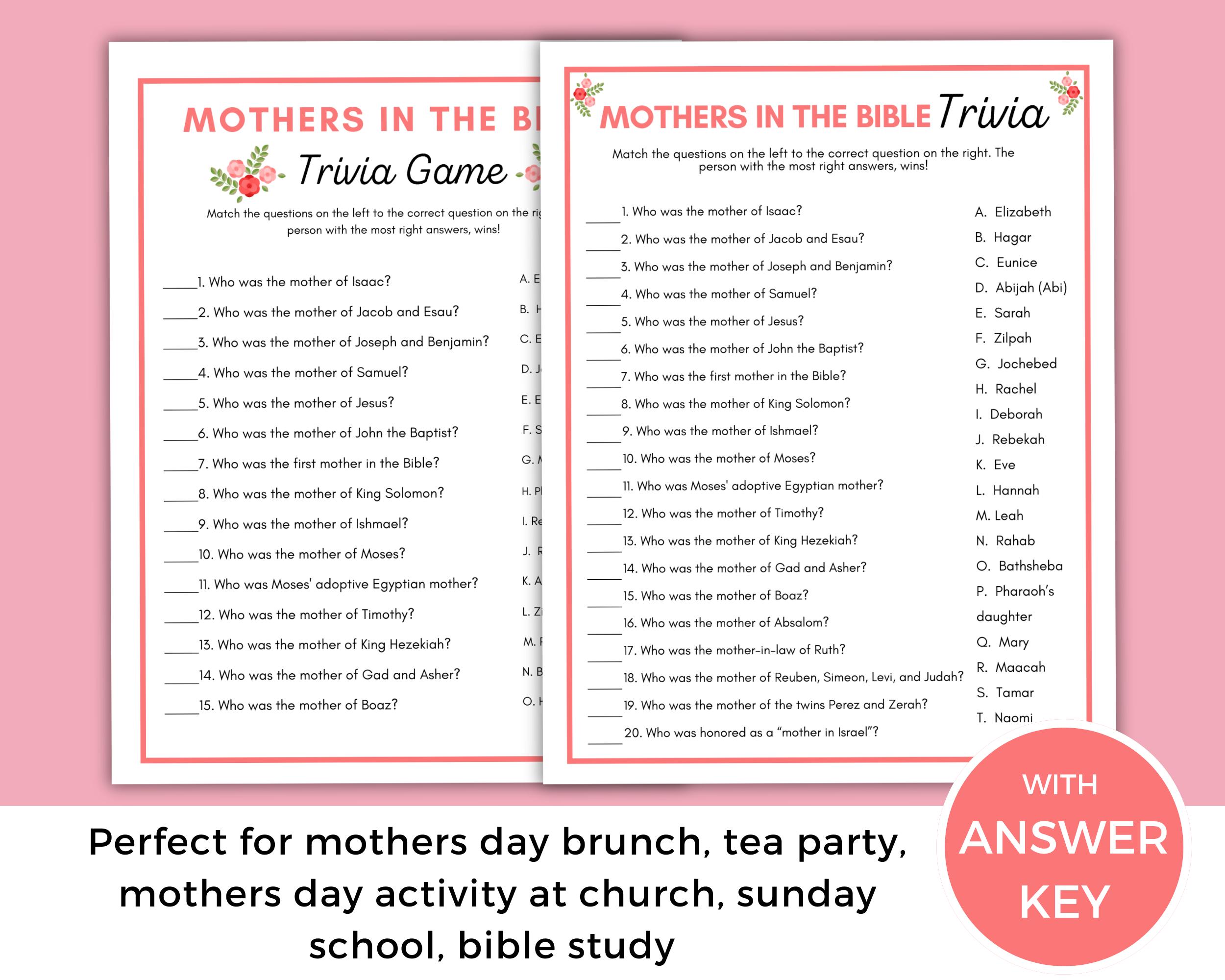 Mothers in the Bible Trivia Printable, Mothers Day Bible Game ...