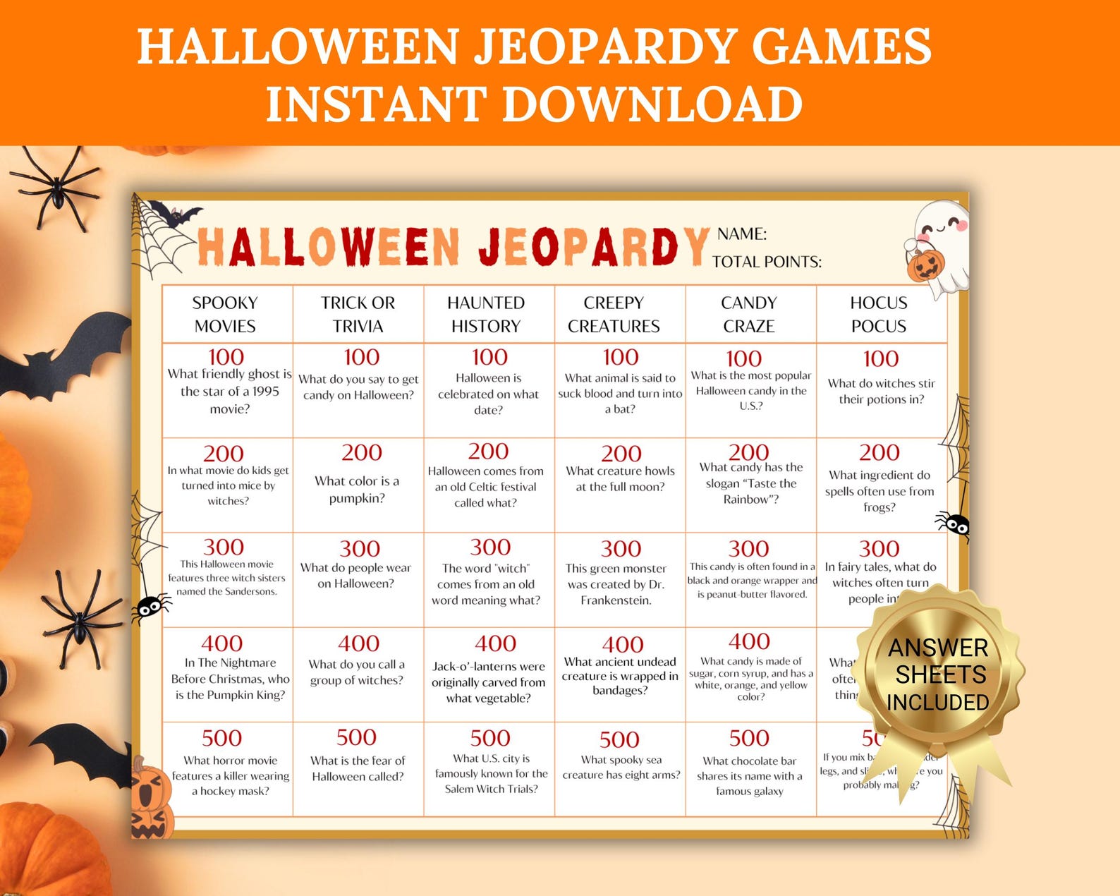 Halloween Jeopardy Game, Printable Halloween Trivia, Halloween Office ...