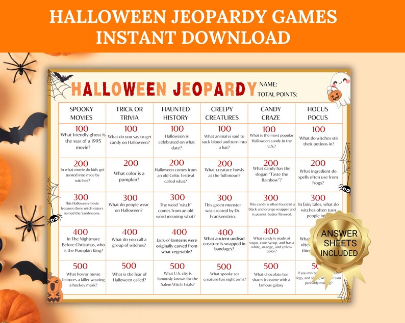 Halloween Jeopardy Game, Printable Halloween Trivia, Halloween Office ...