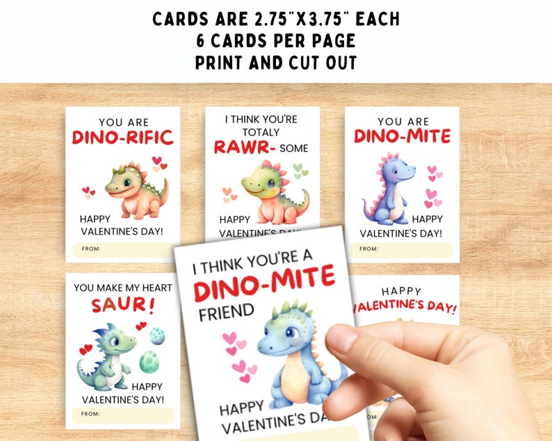 Dinosaur Valentines Cards, Printable Kids Classroom Valentine Cards ...