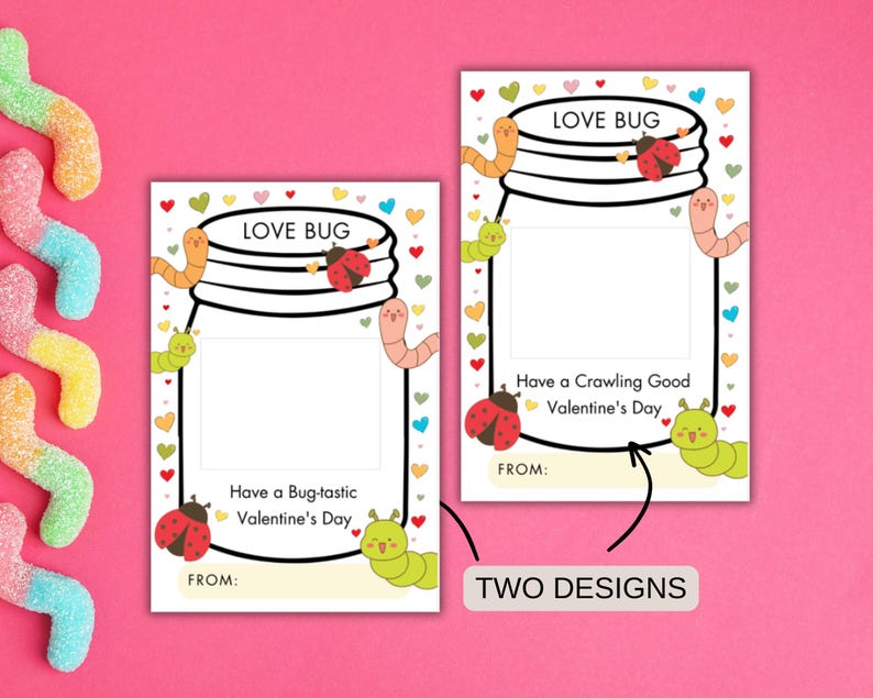 Printable Love Bug Valentine Cards With Mason Jar Design, Gummy Worm ...