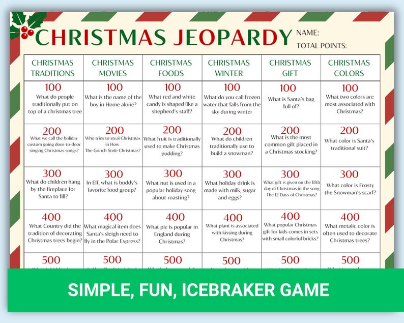 Christmas Jeopardy Game, Printable Holiday Trivia, Christmas Office ...