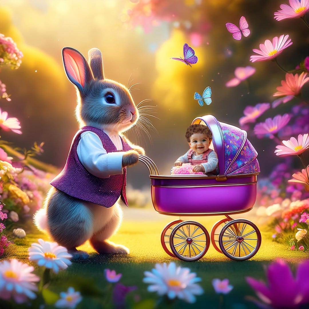 Storybook Bunny Backdrop - Whimsical Rabbit Driving Baby Stroller in ...