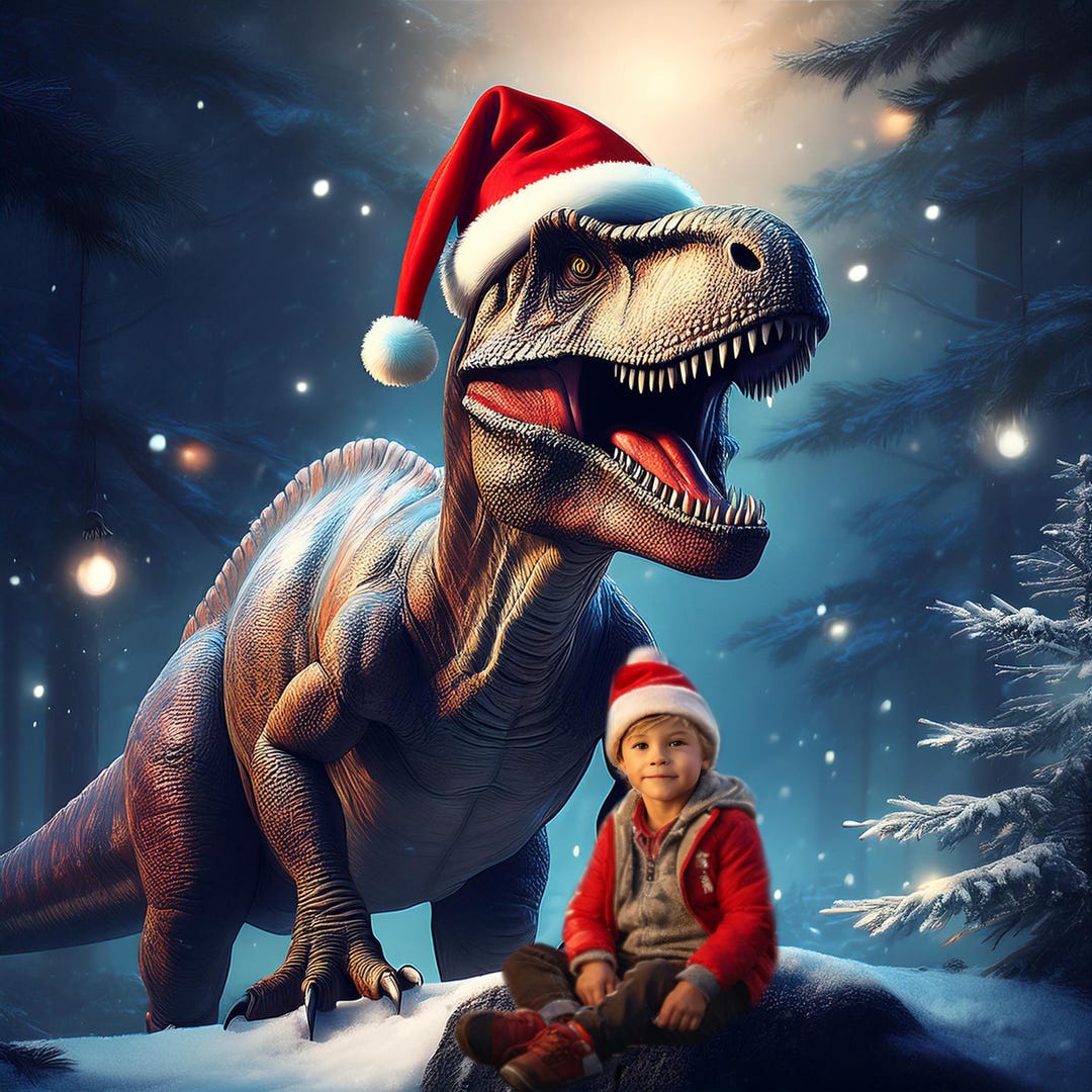 T-rex Santa Hat Digital Backdrop | Snowy Jurassic Forest - Etsy