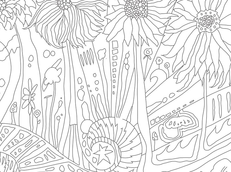 Digital Hand Drawn Adult Coloring Page Flowers - Etsy