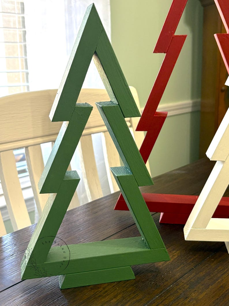 Handmade Wooden Christmas Painted Tree Set - Not Decorated, Red, Green ...