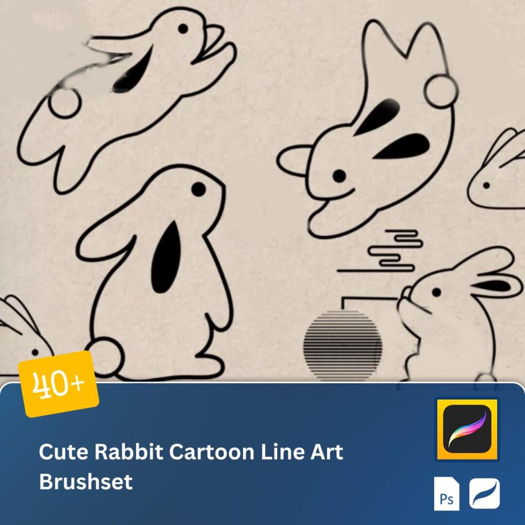 40+ Cute Rabbit Cartoon Line Art Procreate & PS Brush, Mid-autumn ...