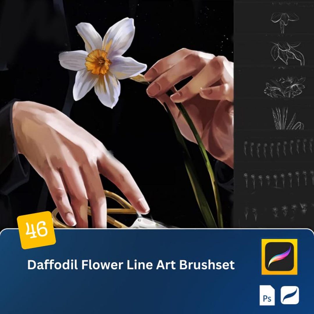 Daffodil Flower Line Art Brushes for Procreate & Photoshop - Floral ...